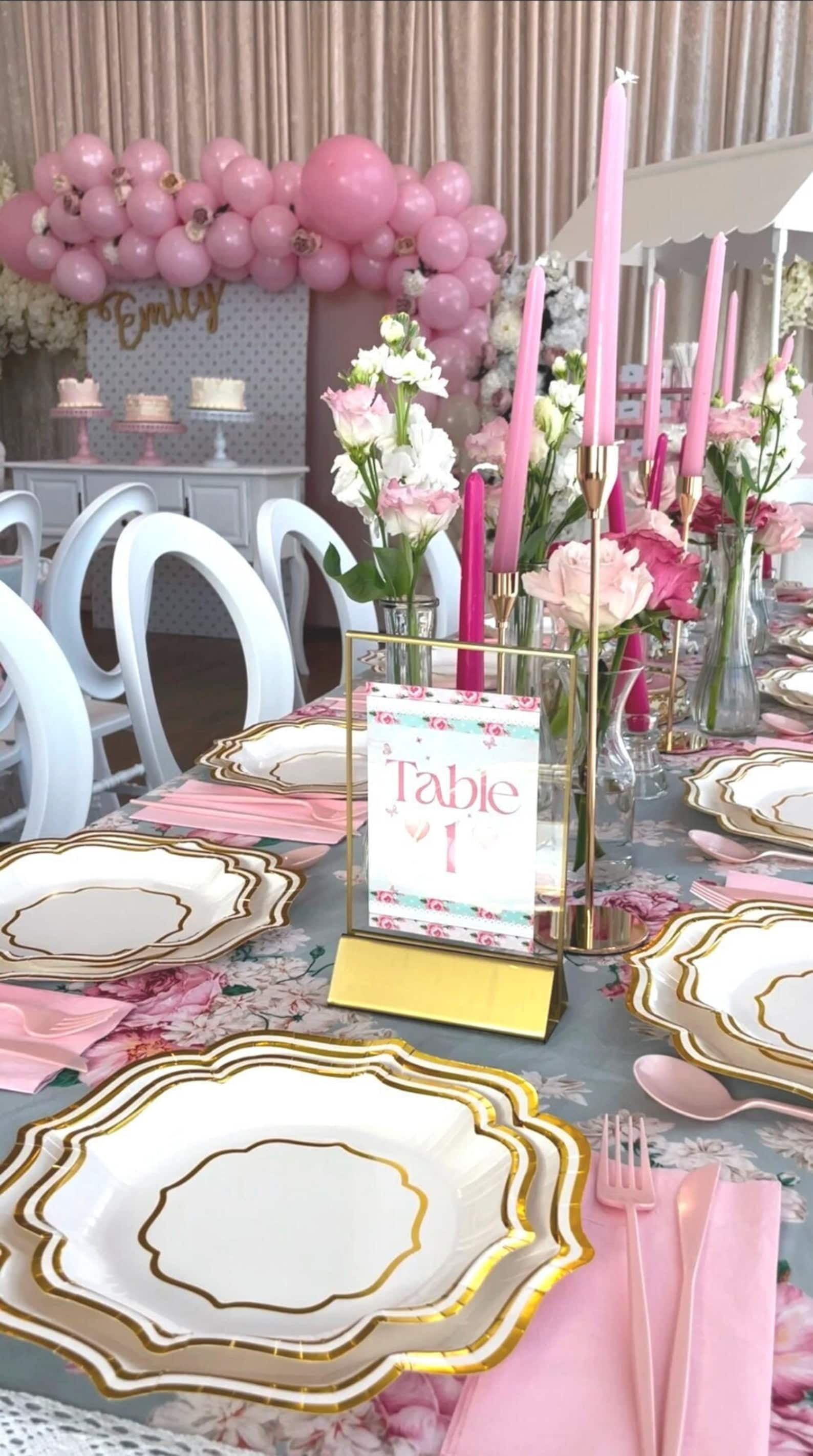 Pink Candlesticks and Candle Holder Gold Clear Party Table Package Decor Table Settings Love ...