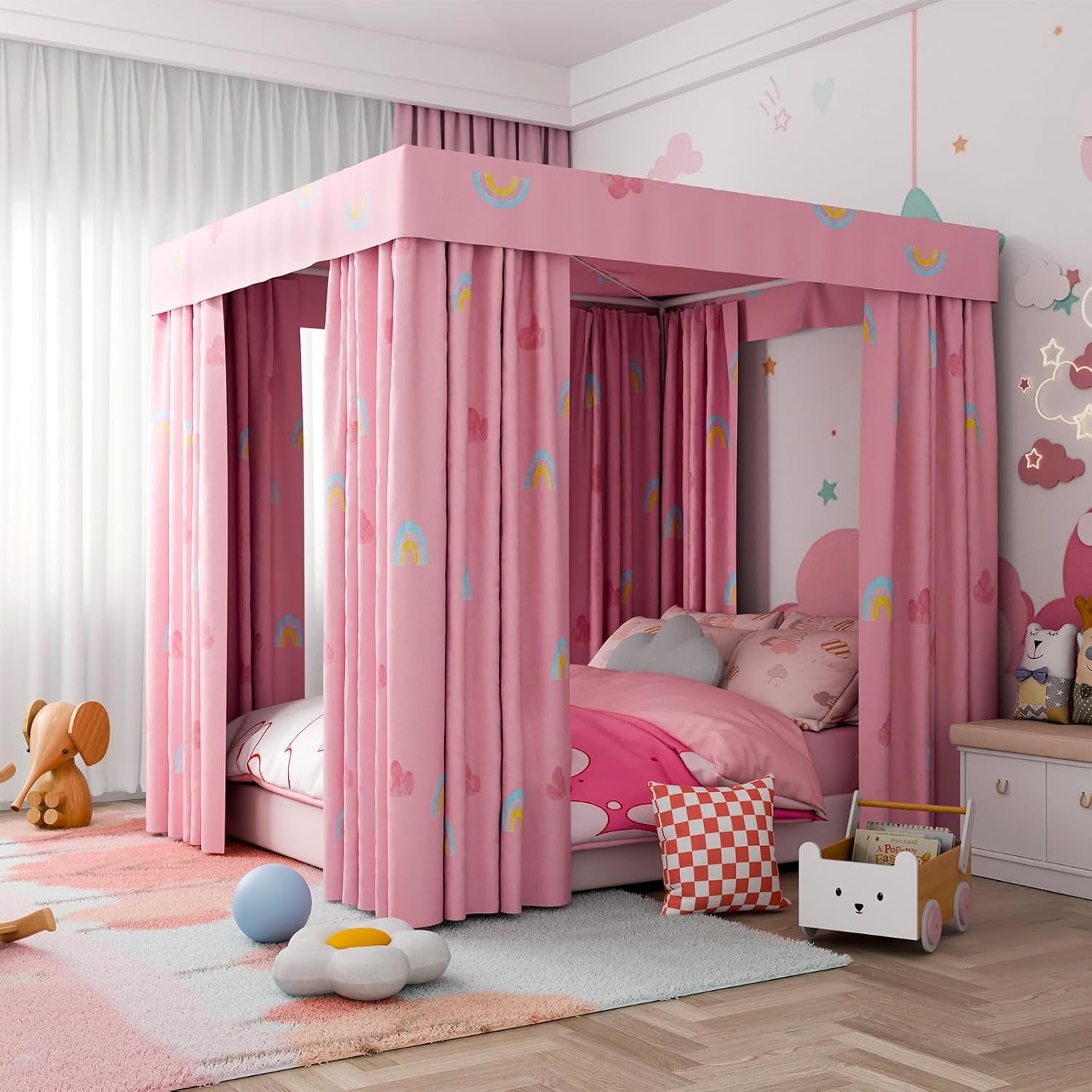 Pink Canopy Bed Curtains - 4 Corner Post Bed Curtains Lightproof ...