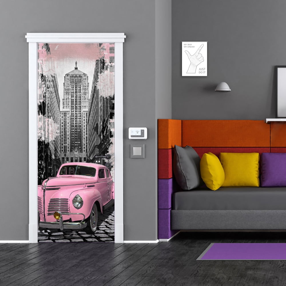 Pink Car 3D Sticker For House Door ration Living Room Corridor Wall r ...