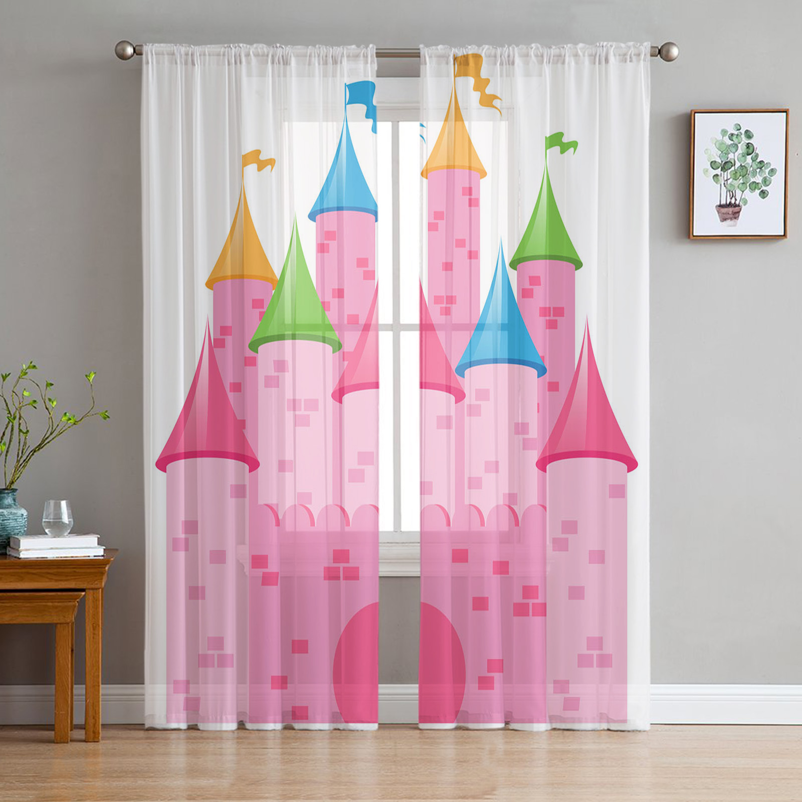 Pink Cartoon Castle White Chiffon Sheer Curtains for Living Room ...
