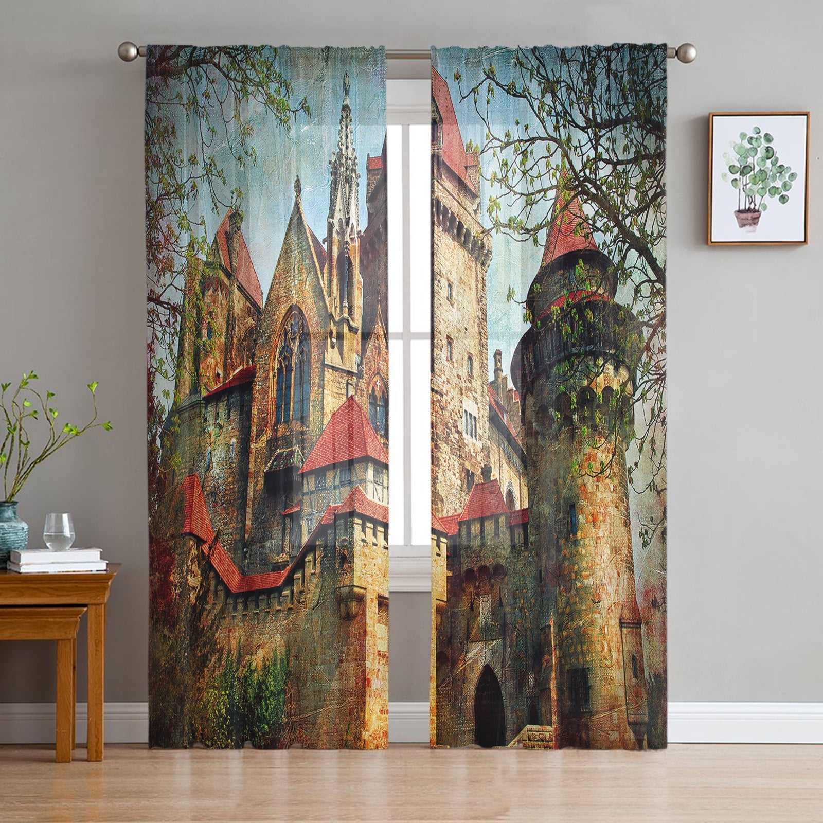 Pink Cartoon Castle White Tulle Sheer Window Curtains for Living Room ...