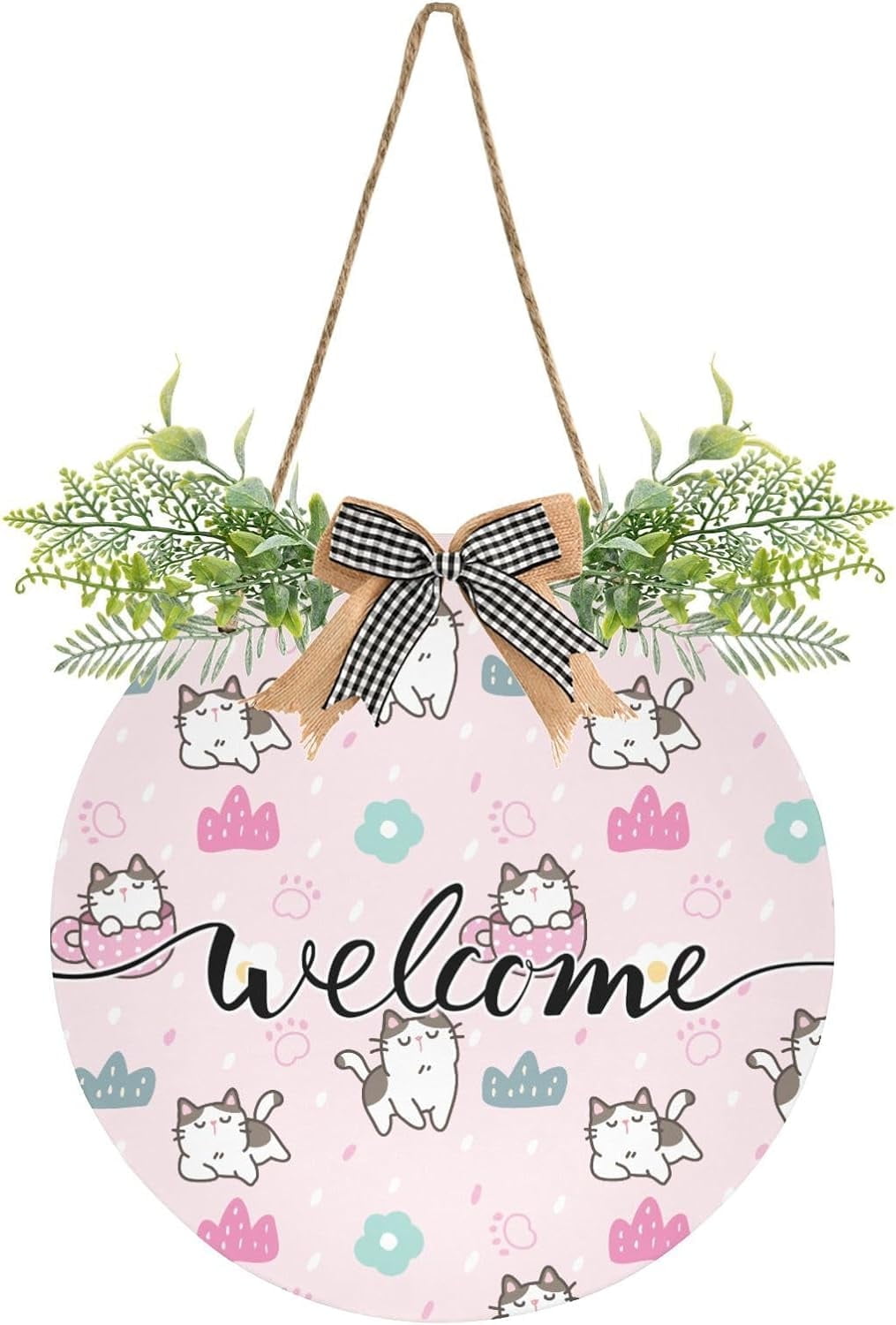 Pink Cartoon Cat Welcome Sign Farmhouse Front Porch Door Hanging ...
