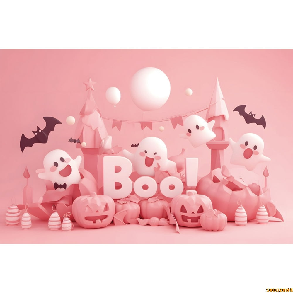 Pink Cartoon Hallowe 1st Birthday Photography Backdrop Spooky Booing ...