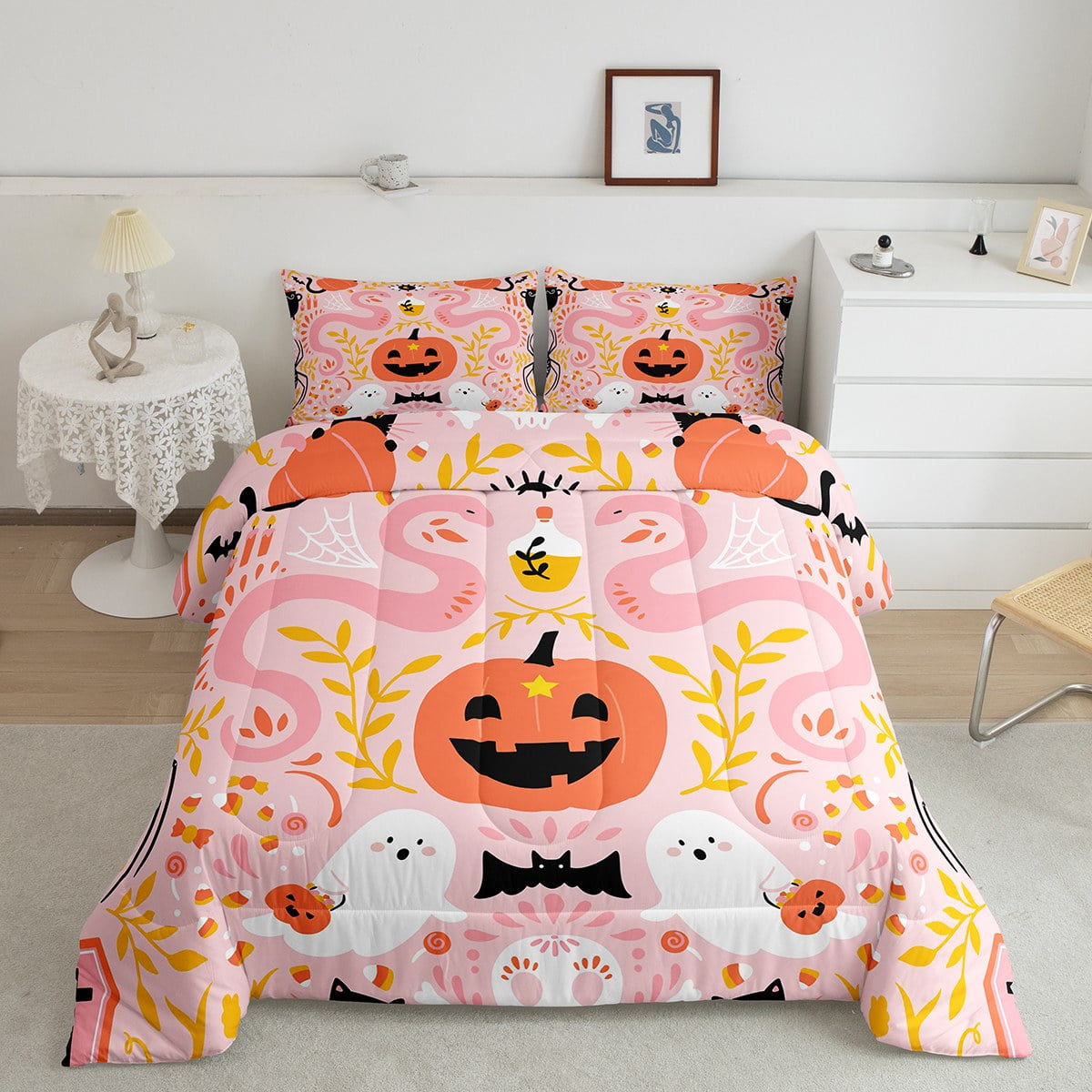 Pink Cartoon King Comforter Set Bedroom Decor,Halloween Themed Bedding ...