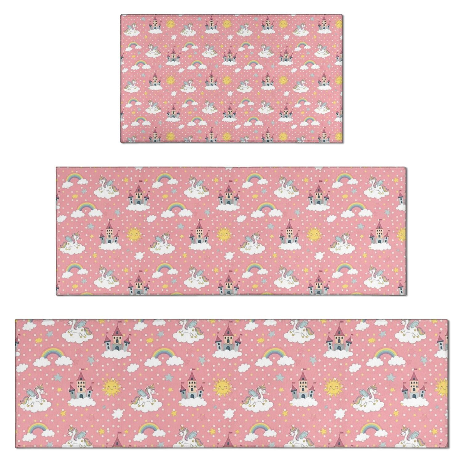 Pink Cartoon Unicorn Castle Rainbow Cloud Sun Pattern Kitchen Rugs Sets ...