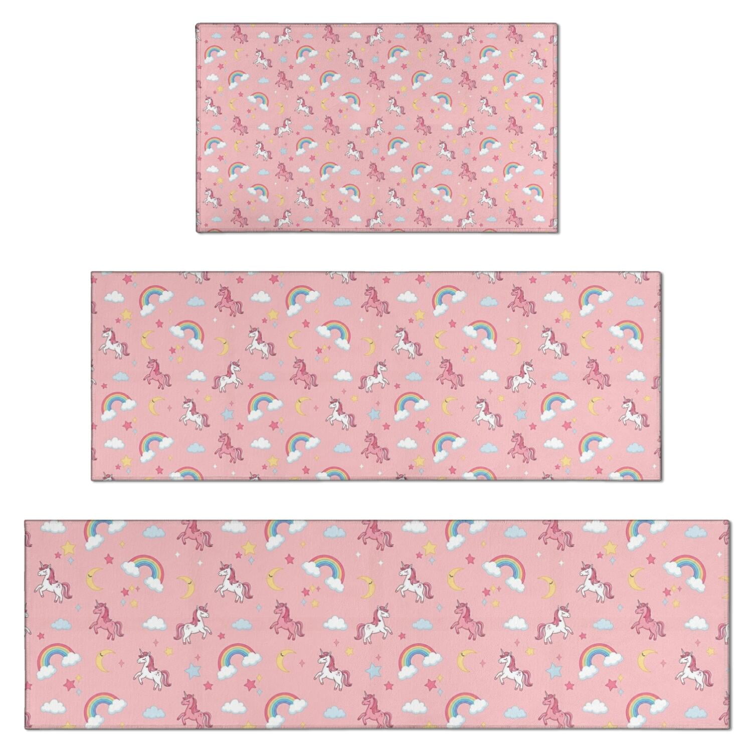 Pink Cartoon Unicorn Rainbow Cloud Moon Star Pattern Kitchen Rugs Sets ...