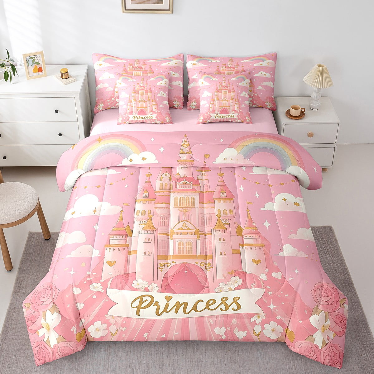 Pink Castle Comforter Set Girly Princess Themed Pattern Queen Bedding ...