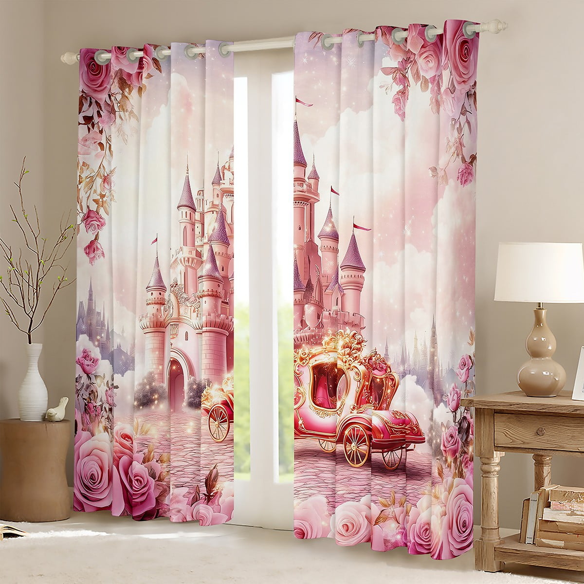 Pink Castle Curtains Rose Princess 30%-50% Blackout Curtains,Flowers ...