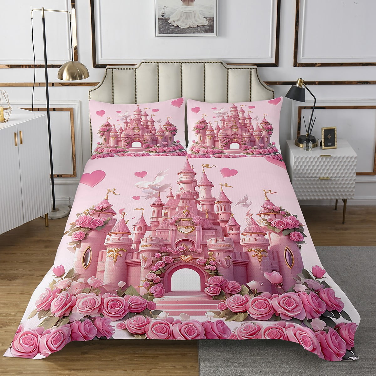 Pink Castle Print Quilt Set 3 Pcs, Cute Cartoon Castle Decor Bedspread ...