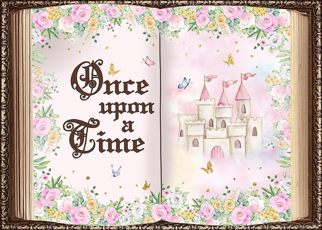 Pink Castle Once Upon a Time Backdrop Fairy Tale Magic Book Floral ...