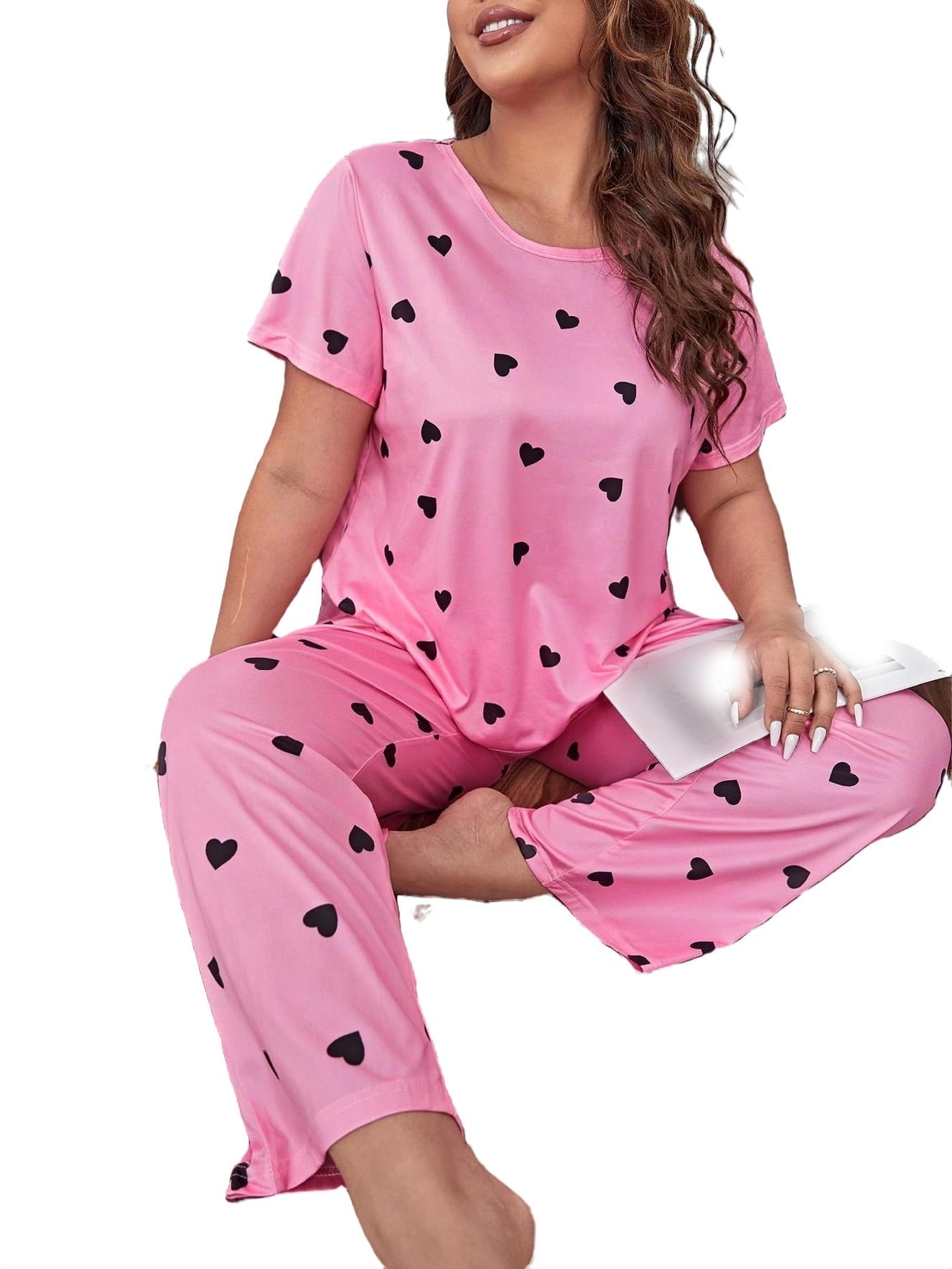 Pink Casual Heart Print Round Neck Pant Sets Short Sleeve Plus Size ...