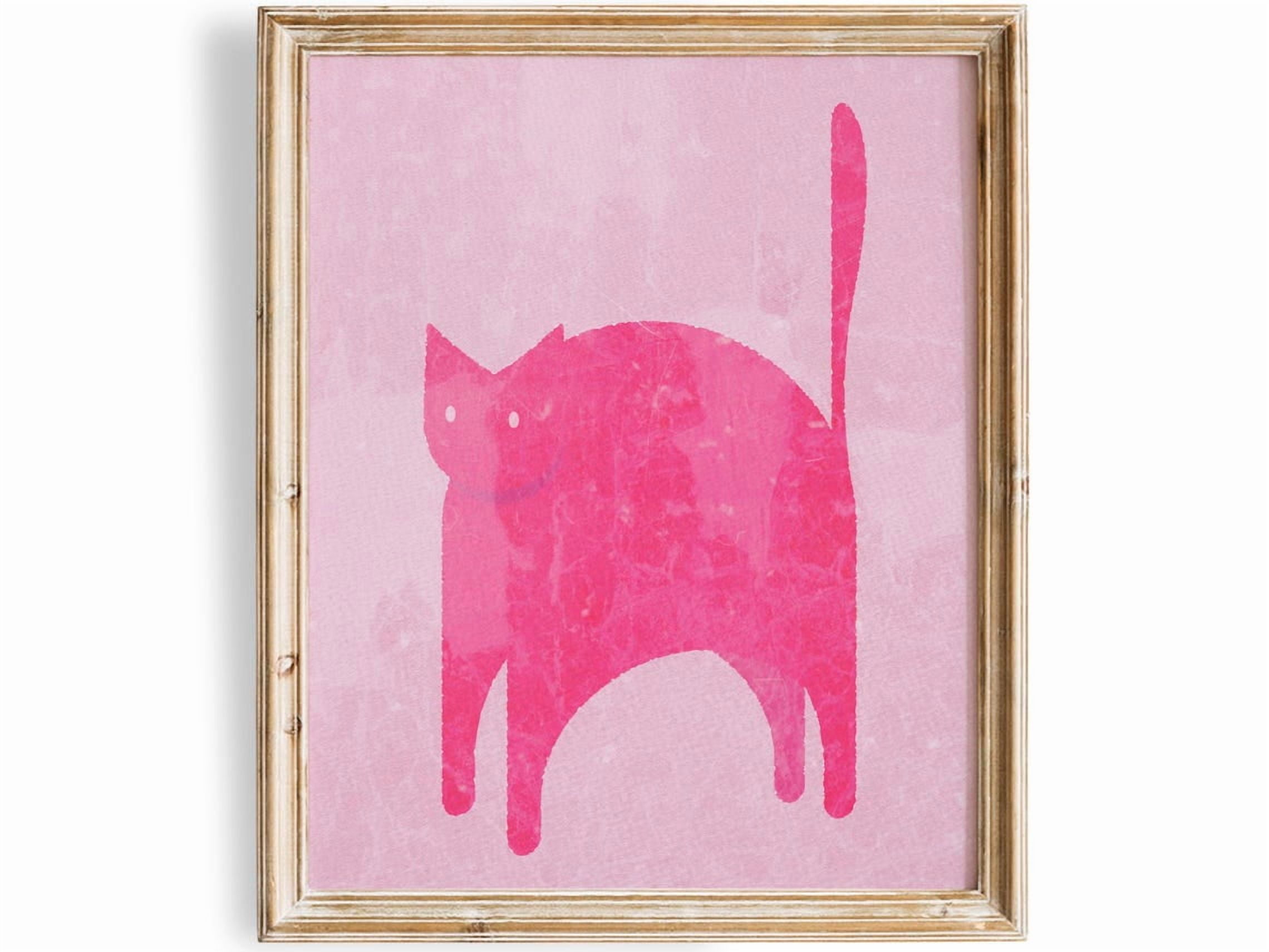 Pink Cat Art Print Handmade Linen Texture Wall Decor For Bedroom Or ...