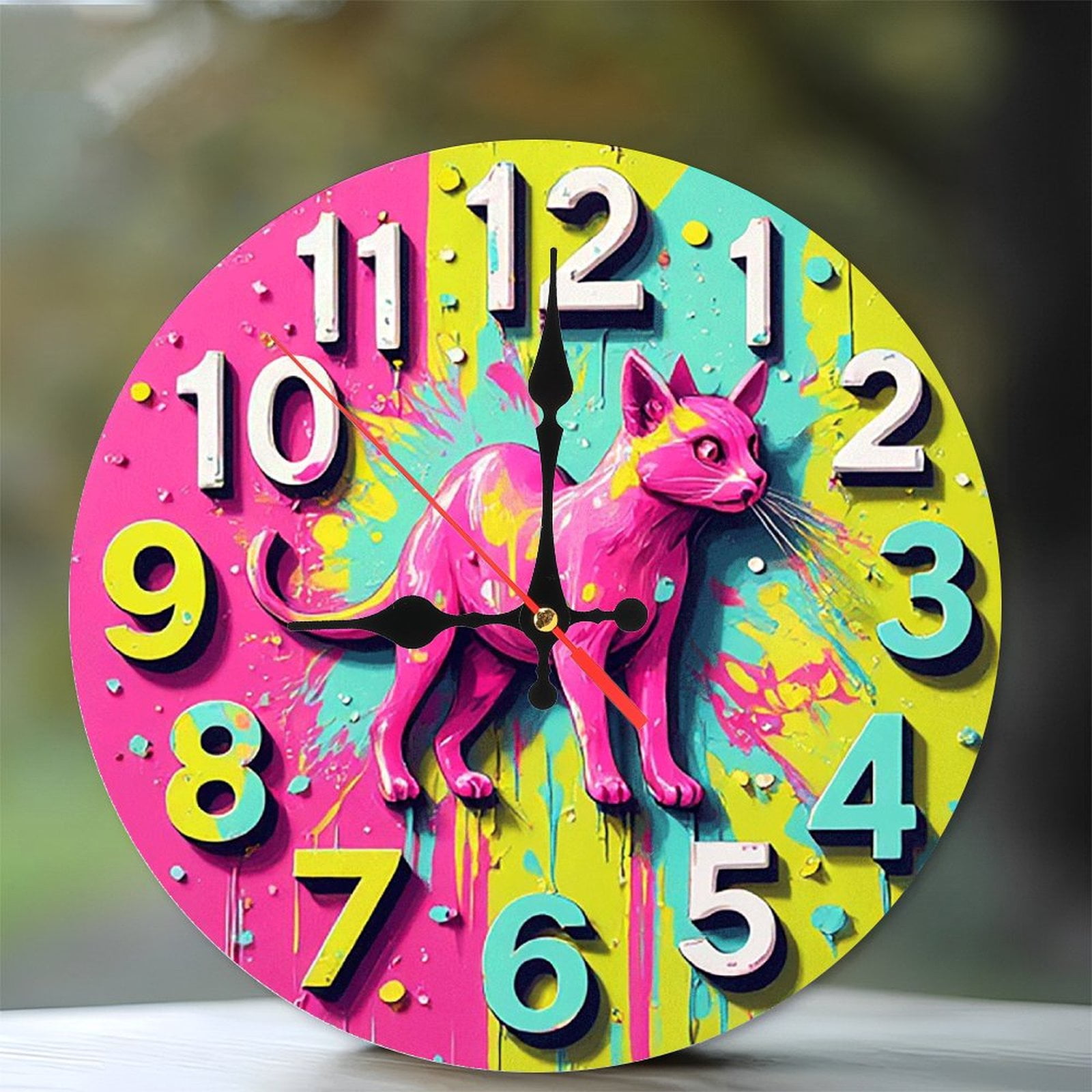 Pink Cat Paint Splatter Wall Clock 10-Inch Silent Wooden Wall Clock ...