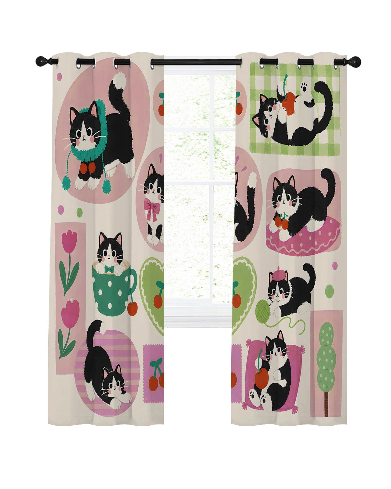 Pink Cat Patchwork Blackout Curtains 84 Inches Length, Farmhouse Cabin ...