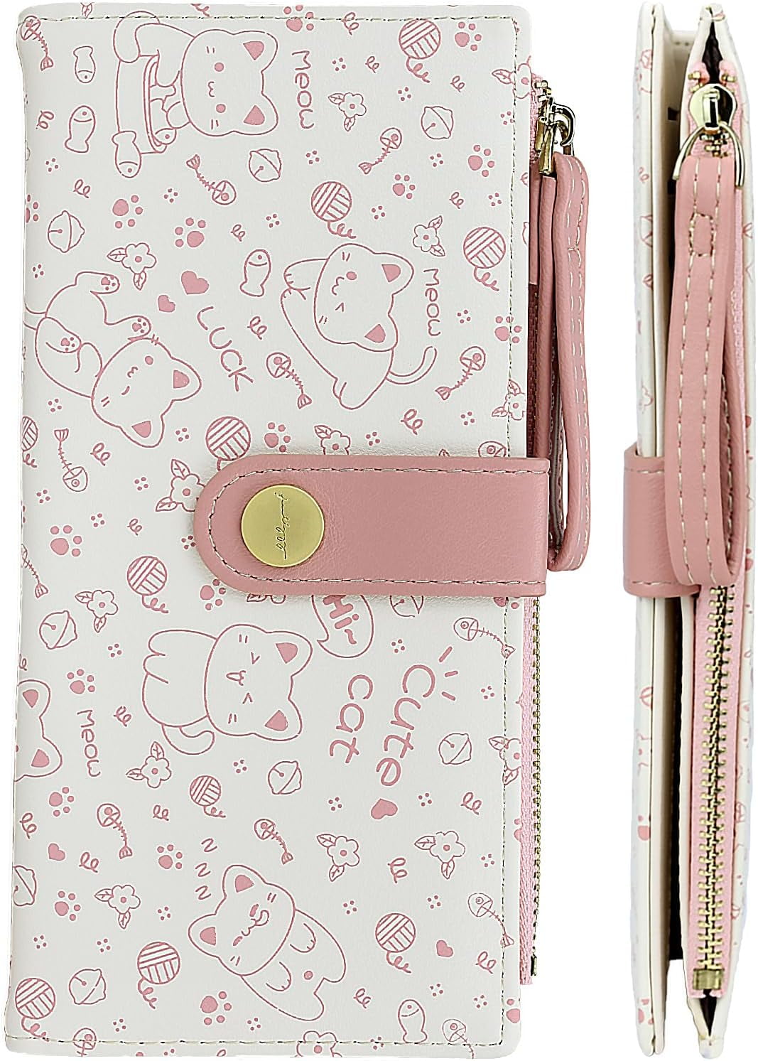 Pink Cat Pattern Wallet for Women and Ladies Long Leather Coin Purse ...