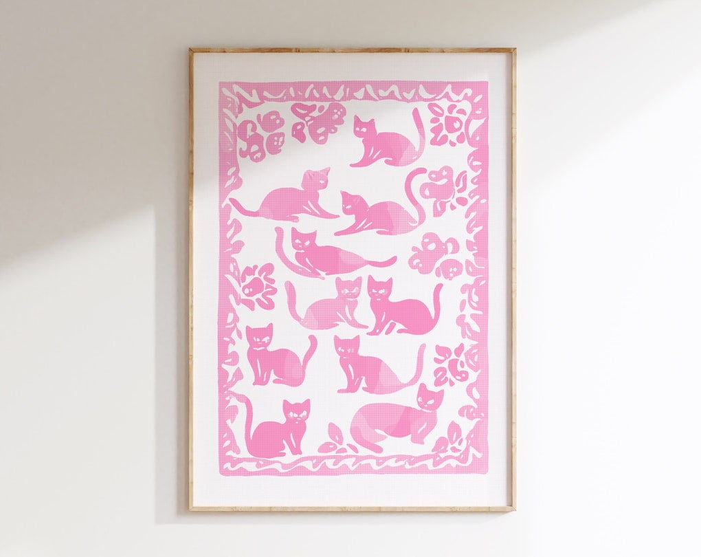 Pink Cat Print Cat Drawing Cat Portrait Coastal Granddaughter Room ...
