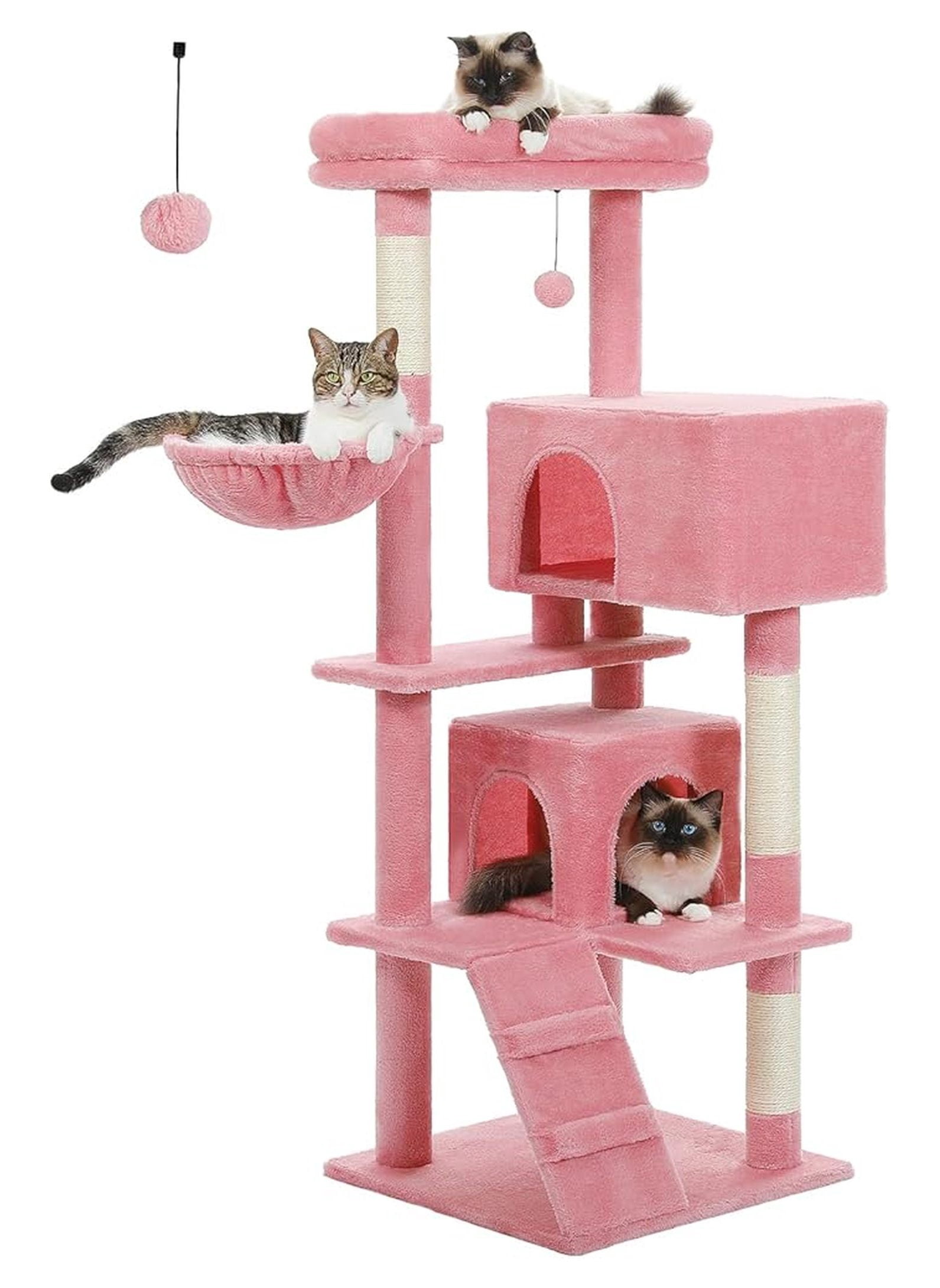 Pink Cat Tree for Large Cats, 56.2" Multi-Level Tower with Hammock & 2 ...