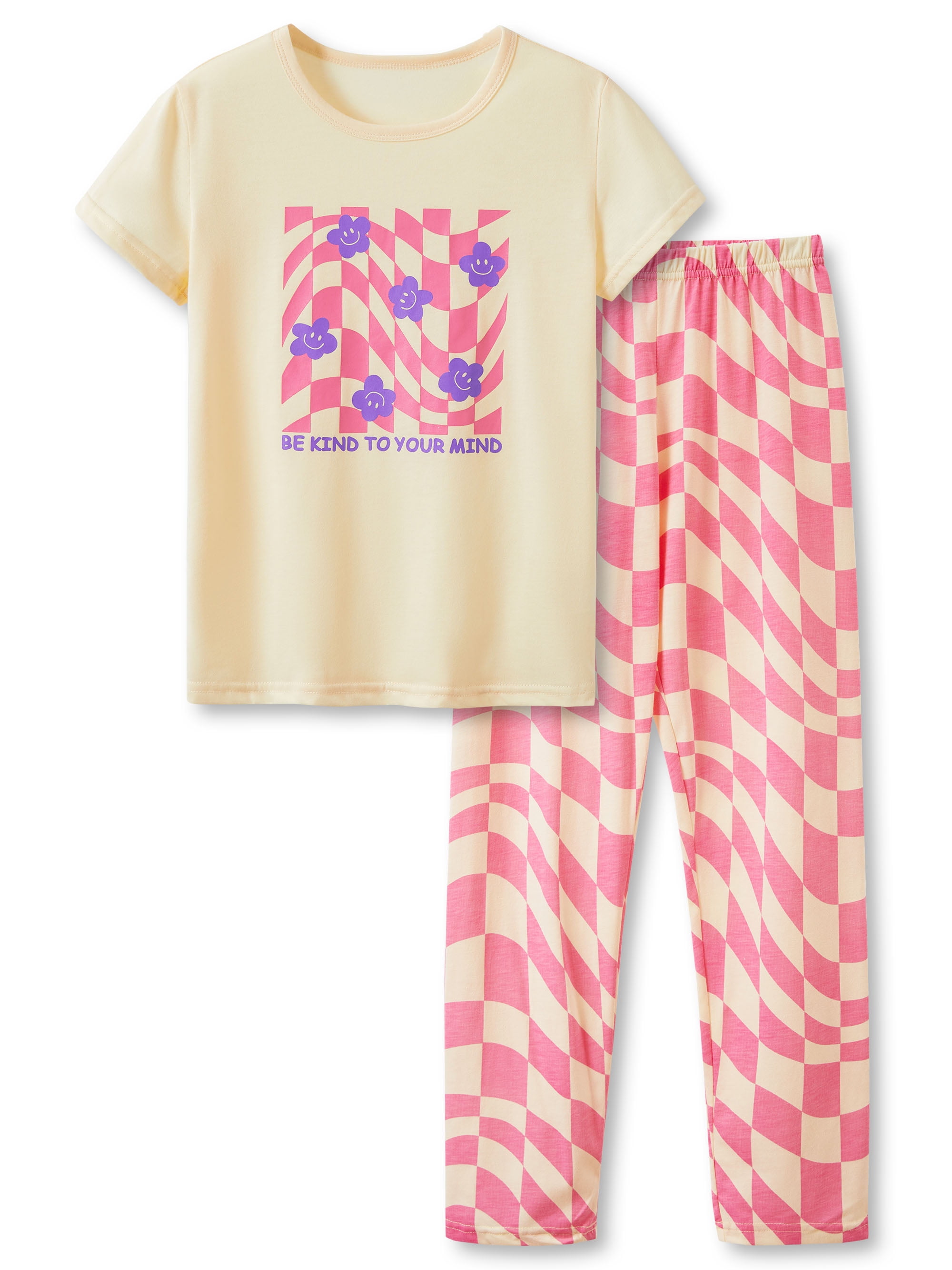 Pink Checker Pajamas for Big / Teen Girls – Cute Summer 2-Piece Short Sleeves Shirt & Pants PJs ...
