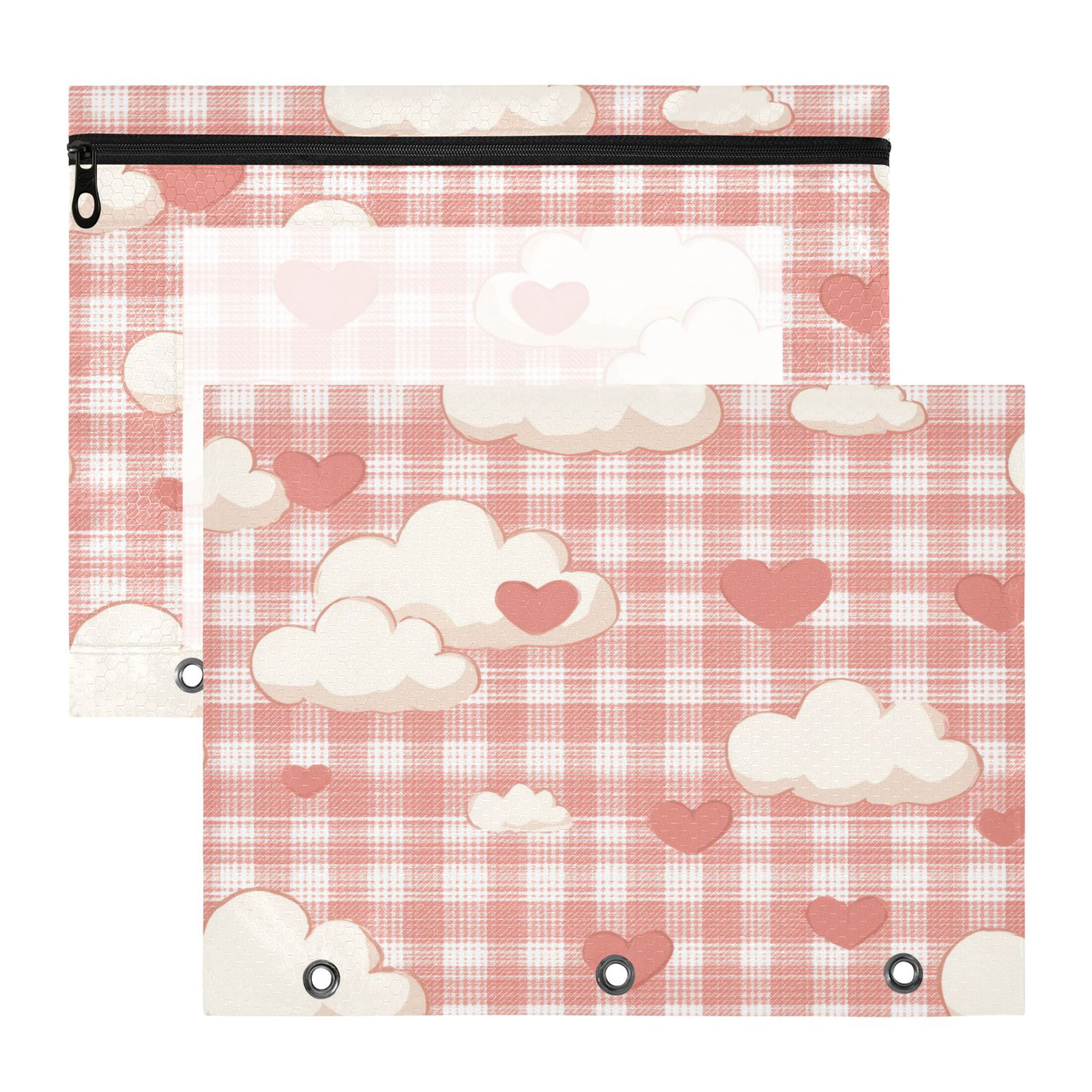 Pink Checkerboard with Valentine Clouds Hearts 3-Ring Binder Pocket ...