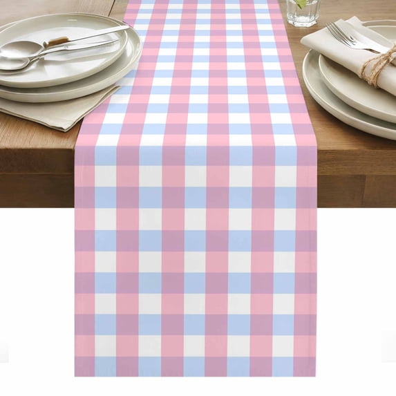 Pink Checkered Cotton Linen Table Runner Blue Pink Plaid Checkered ...