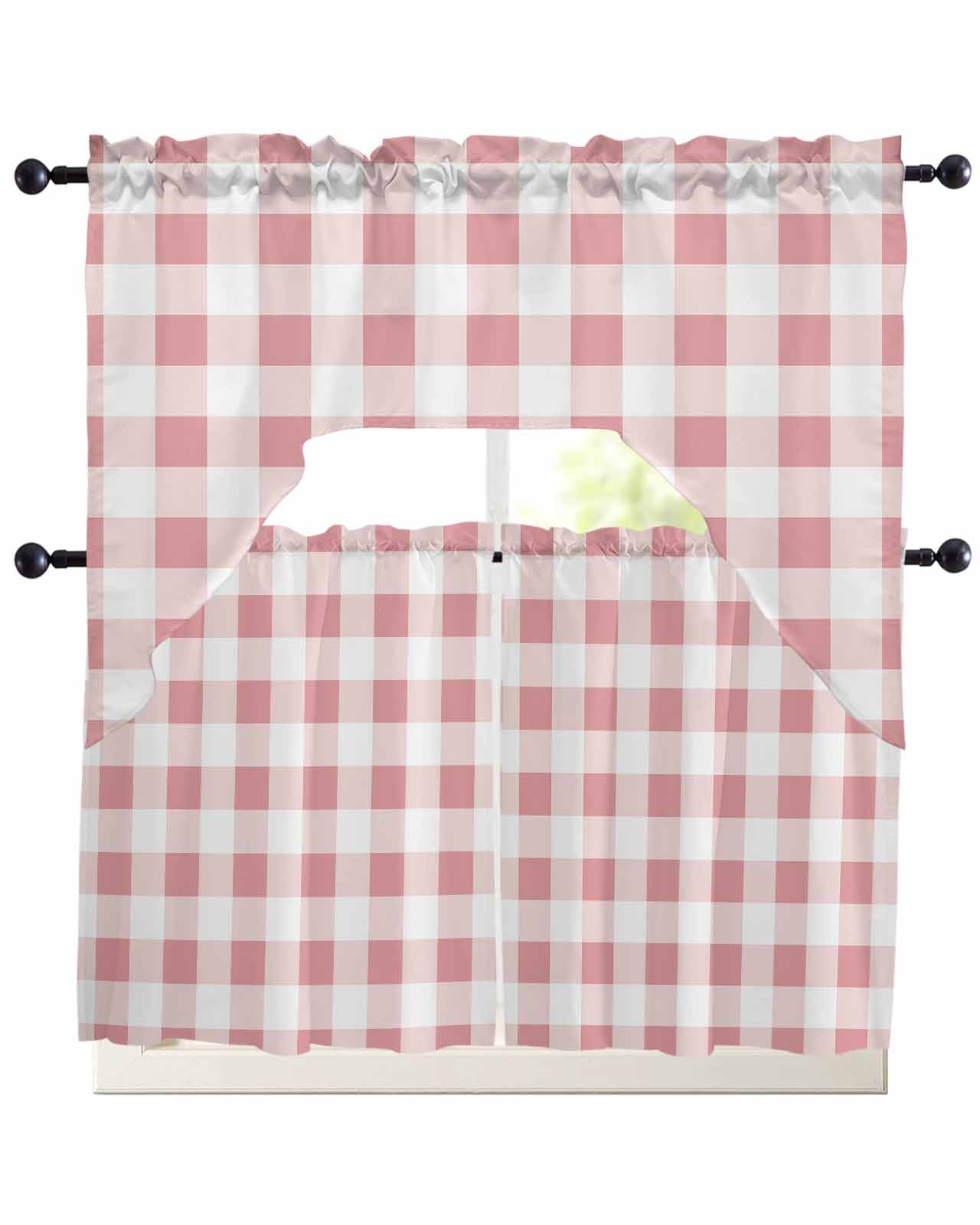 Pink Checkered Kitchen Curtains Sets 24 Inch Length with Valance ...