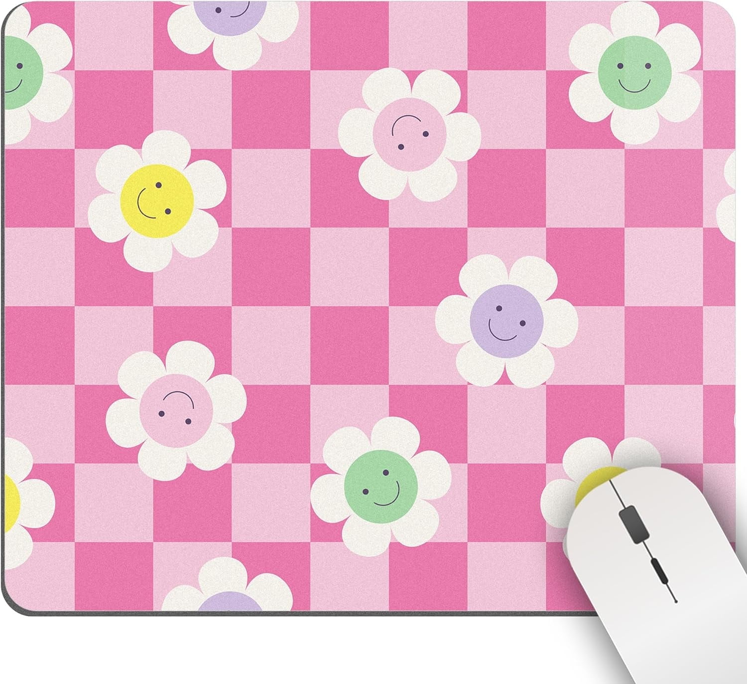 Pink Checkered Mouse Pad Small, Smile Face with Daisy Mousepads Square ...