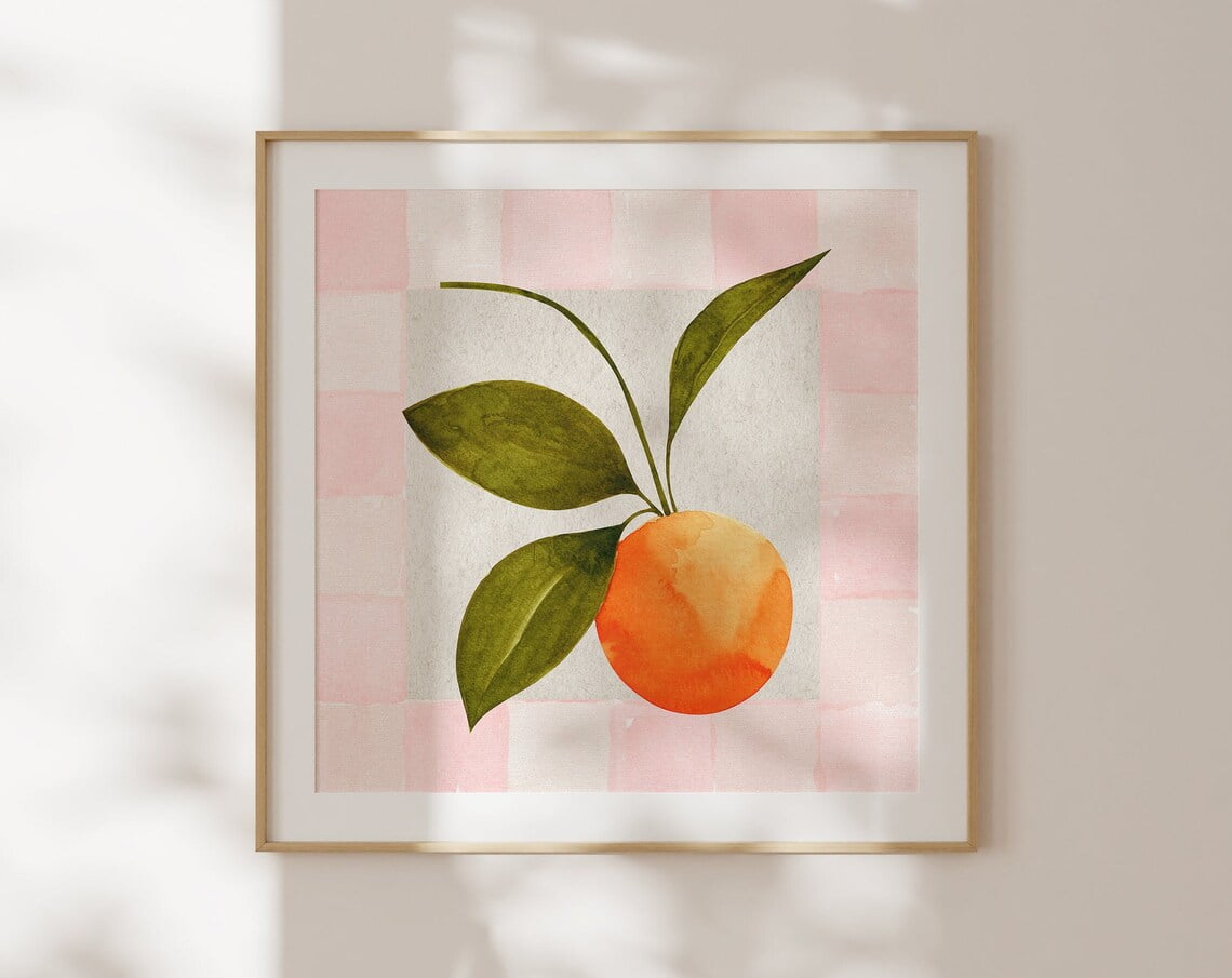 Pink Checkered Orange Square Print, Instant Trendy Decor, Floral Living ...