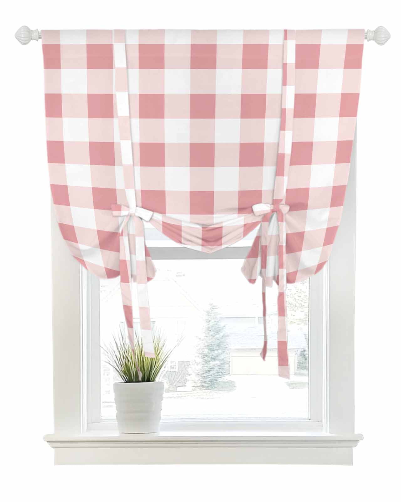 Pink Checkered Tie Up Curtains for Window, Thermal Insulated Balloon Shade Adjustable Rod Pocket ...