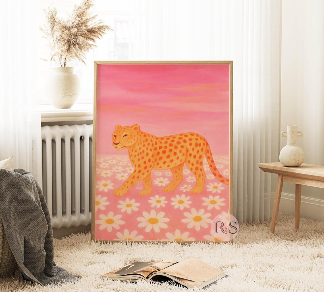 Pink Cheetah Daisy Flower Painting Art Print, Pink Sunset Toned Daisy ...