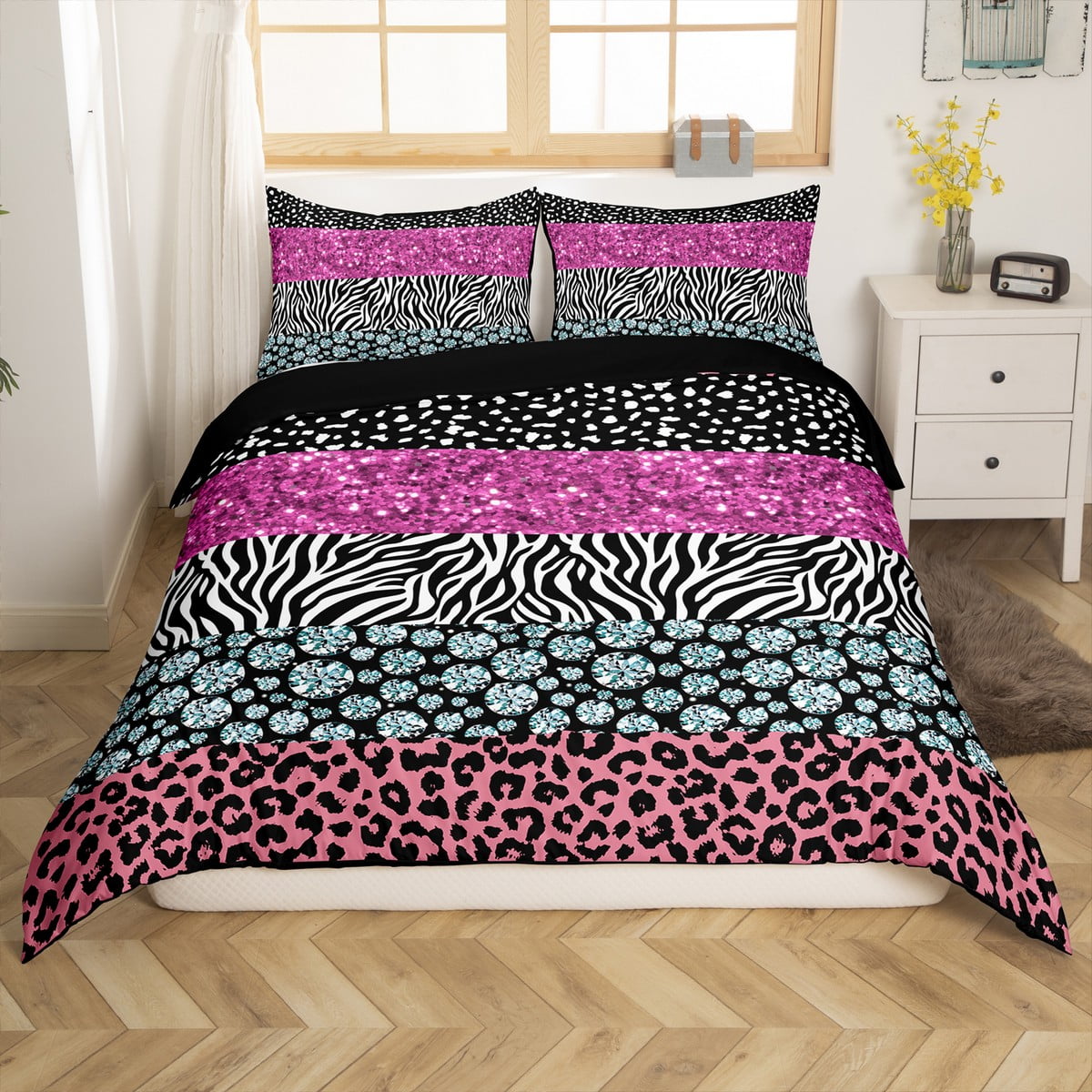Pink Cheetah Print Duvet Cover Glitter Diamond Bedding Set Queen Size ...