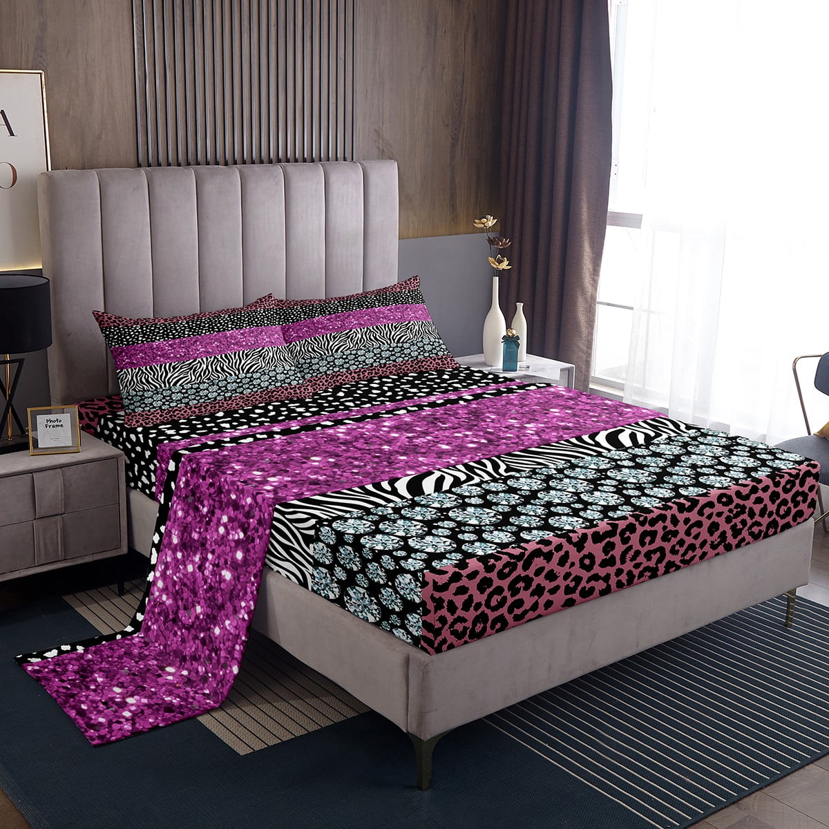 Pink Cheetah Print Sheets Glitter Diamond Sheet Set King Size Leopard ...