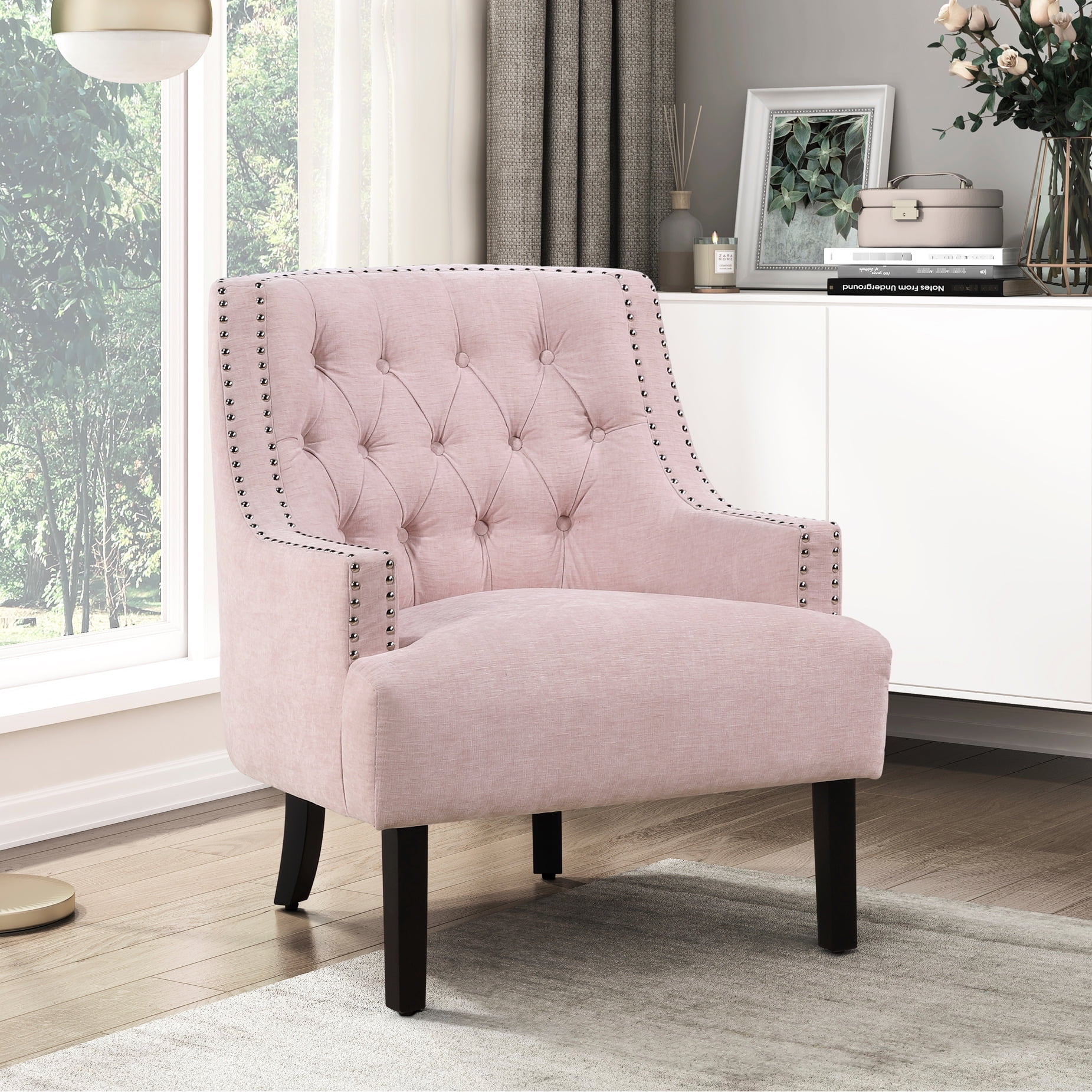 Pink Chenille Chair With Solid Wood Construction And Button- For Living ...