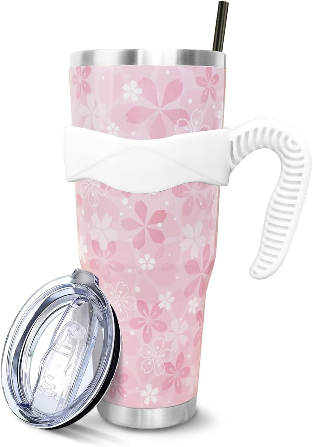 Pink Cherry Blossom 40 Oz Tumbler with Handle and Straw, Floral Large ...