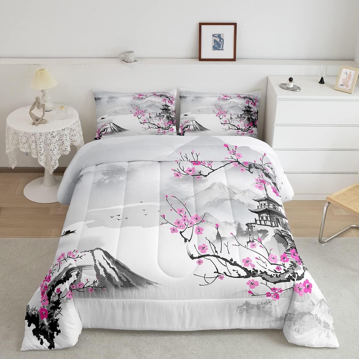 Pink Cherry Blossom Bedding Comforter Sets for Girls Women Mount Fuji ...