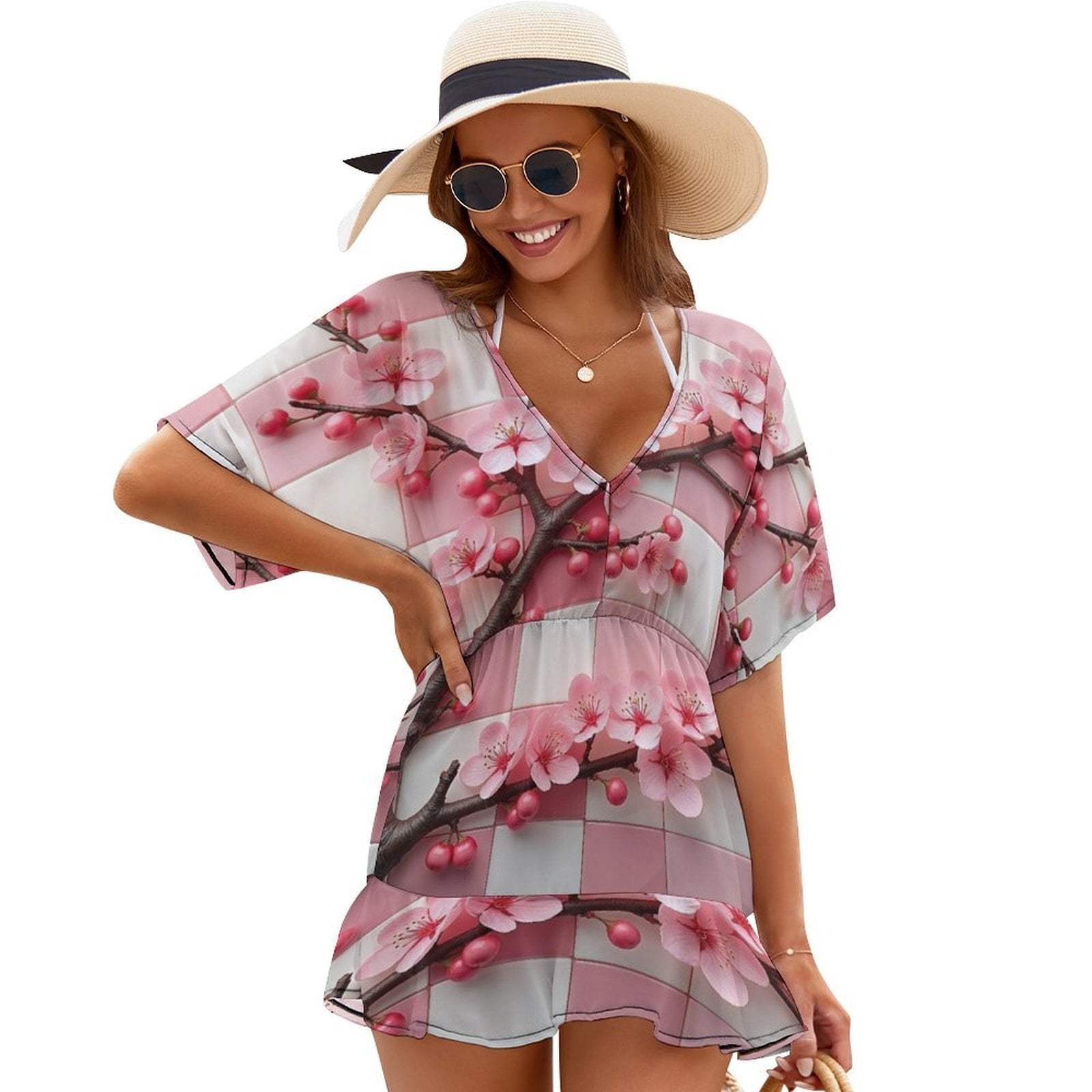 Pink Cherry Blossom Branch Pattern Women's Luxury Party Dress Evening ...