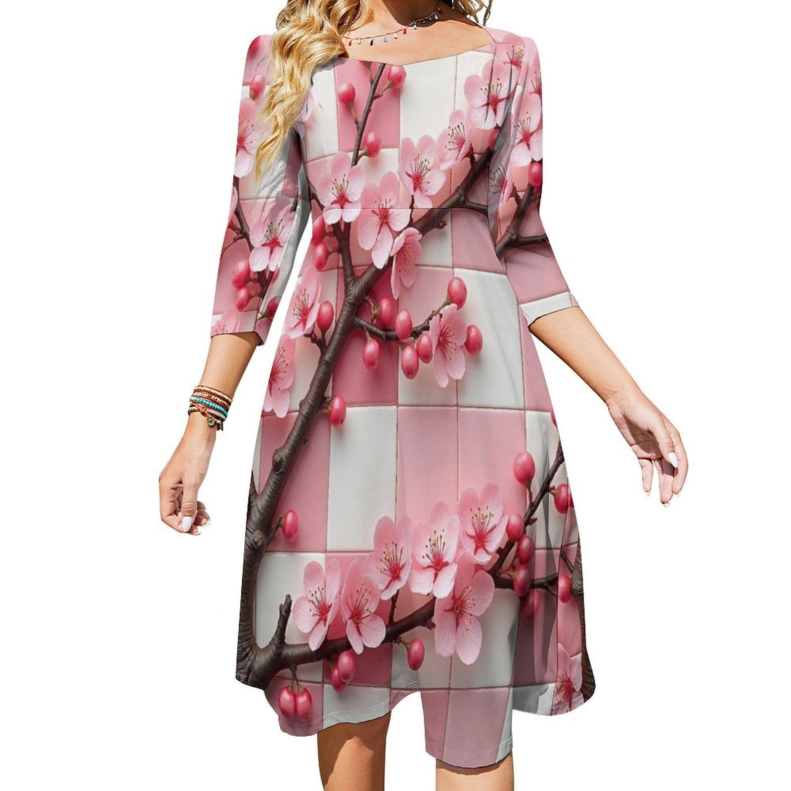 Pink Cherry Blossom Branch Pattern Womens Summer Dress Tie Back A Line ...