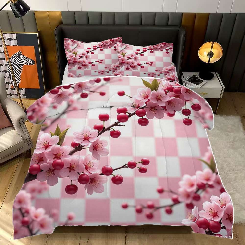 Pink Cherry Blossom Checkered Pattern Comforter Set Queen Size Bedding ...