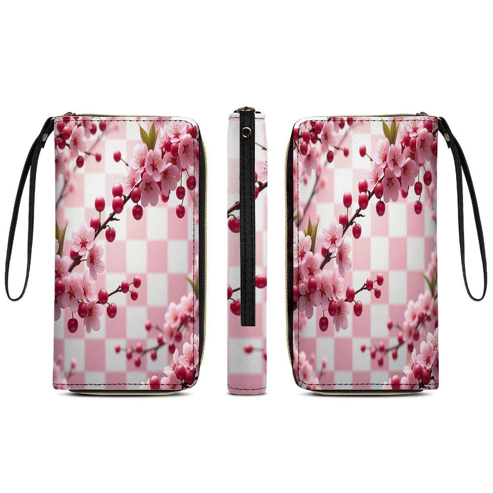 Pink Cherry Blossom Checkered Pattern Long Wallets For Women PU Leather ...