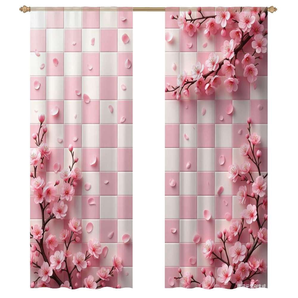 Pink Cherry Blossom Checkered Pattern Modern Tulle Window Curtains for ...
