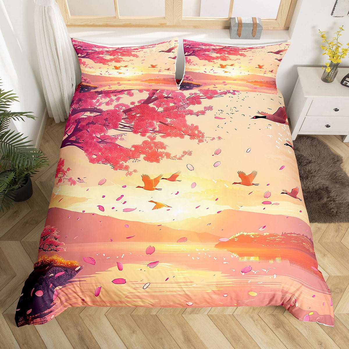 Pink Cherry Blossom Duvet Cover Japanese Style Flowers Queen Bedding Sets,Japan Floral Comforter ...