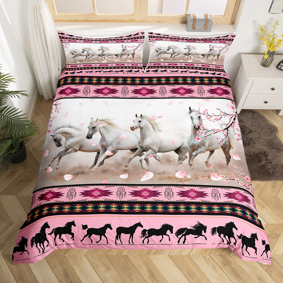 Pink Cherry Blossom Duvet Cover Southwestern Native Aztec Horses ...