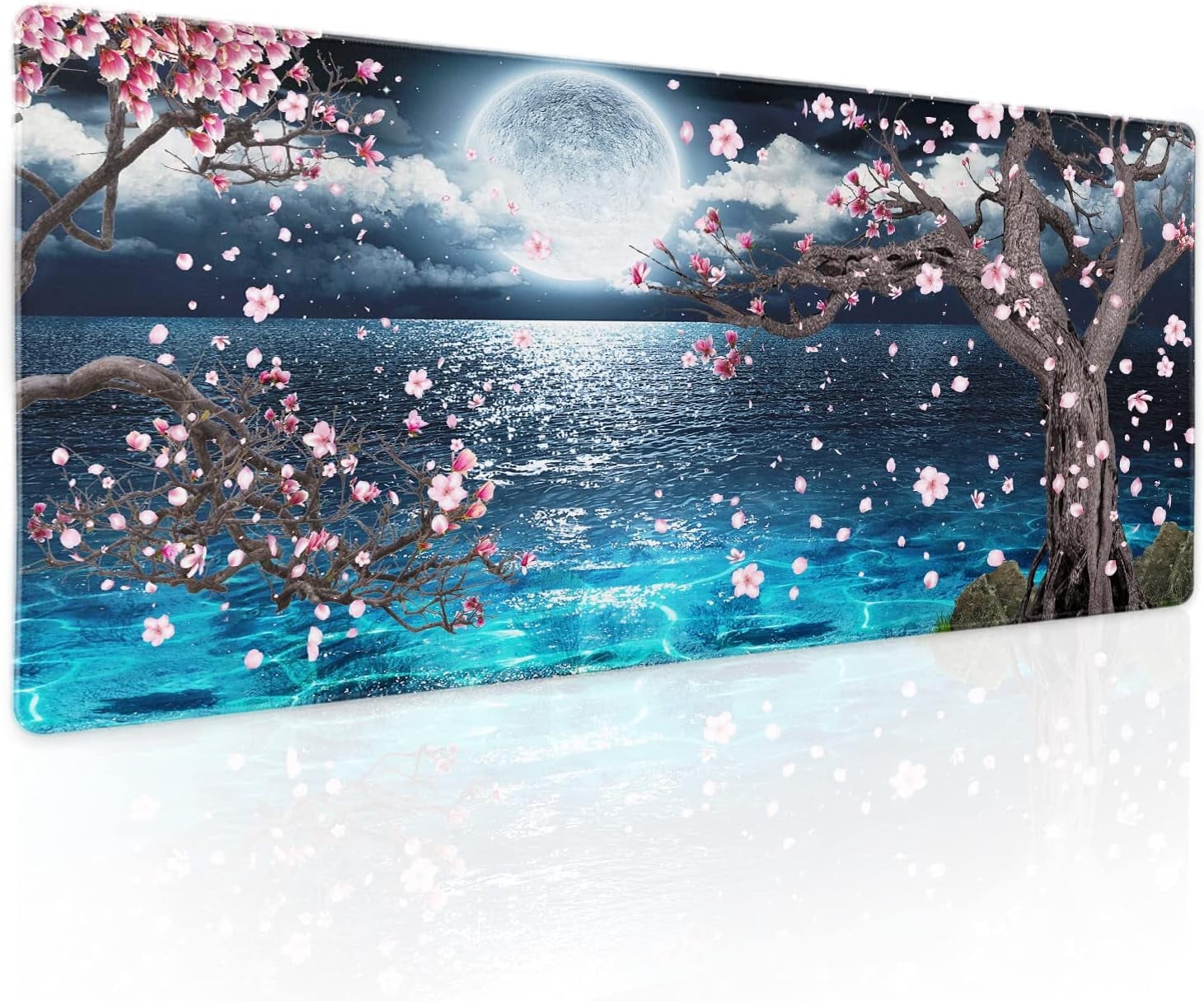 Pink Cherry Blossom Gaming Mouse Pad XL Sakura Tree Blue Ocean Moon ...