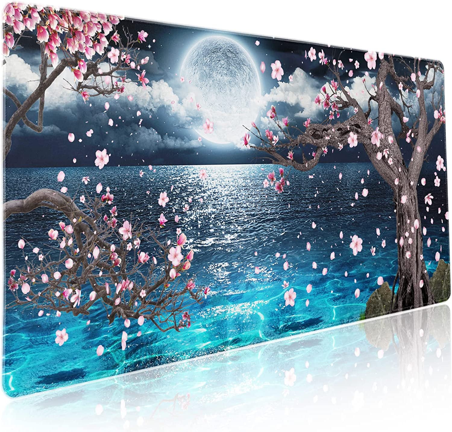 Pink Cherry Blossom Gaming Mouse Pad XXL Sakura Tree Blue Ocean Moon Night Extended Big Large ...
