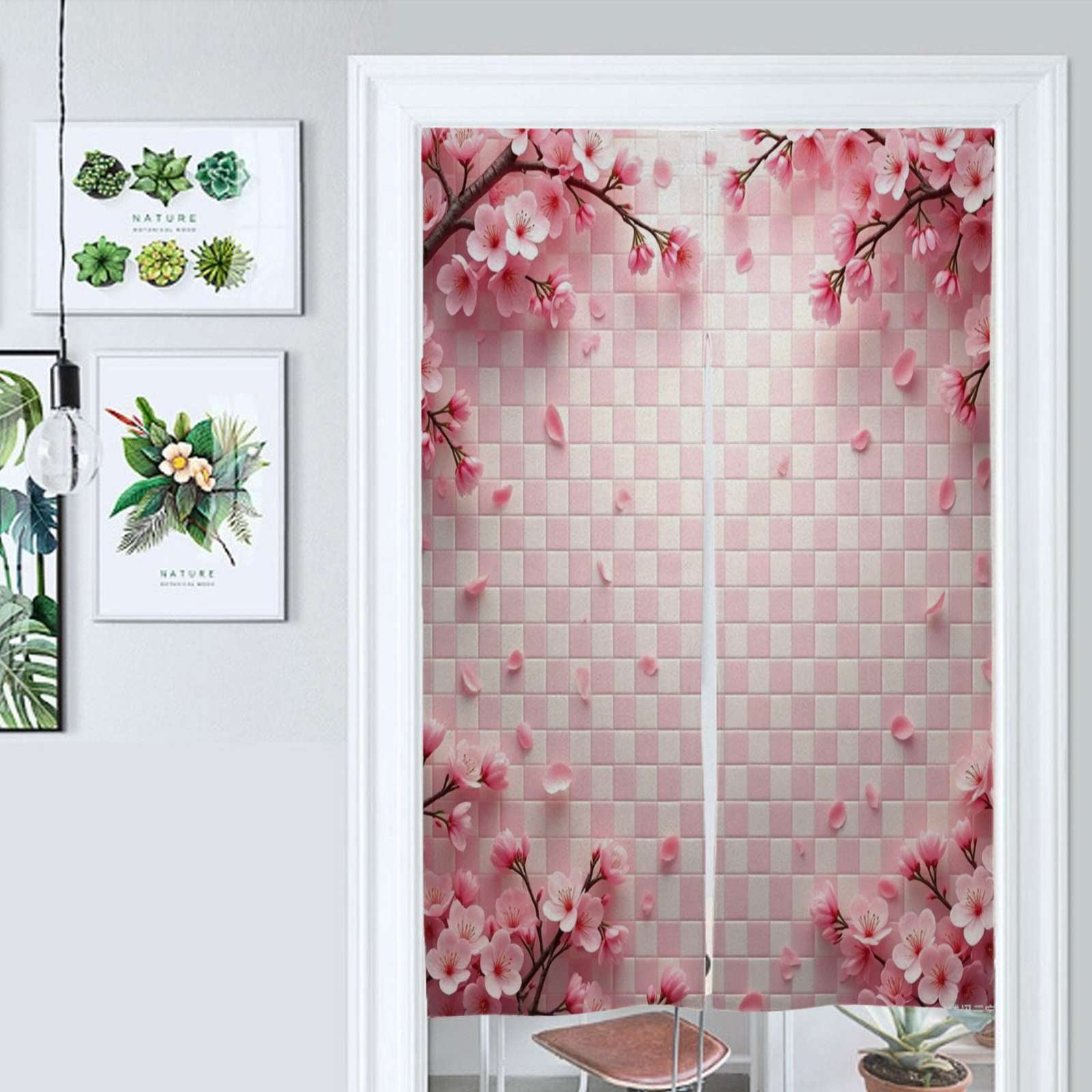 Pink Cherry Blossom Grid Pattern Door Curtain Nordic Living Room ...