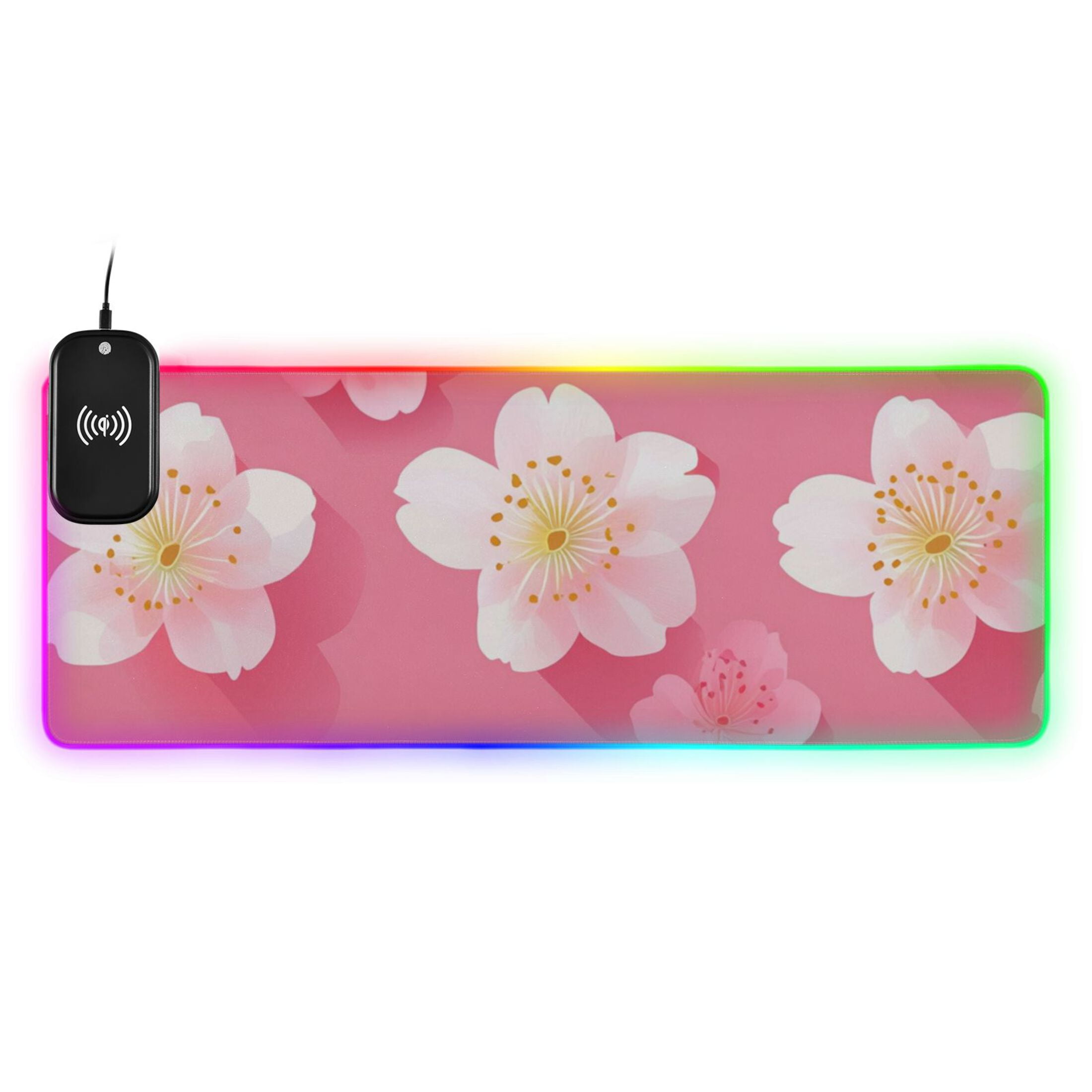 Pink Cherry Blossom Illustration Wireless Charging RGB Gaming Mouse Pad ...