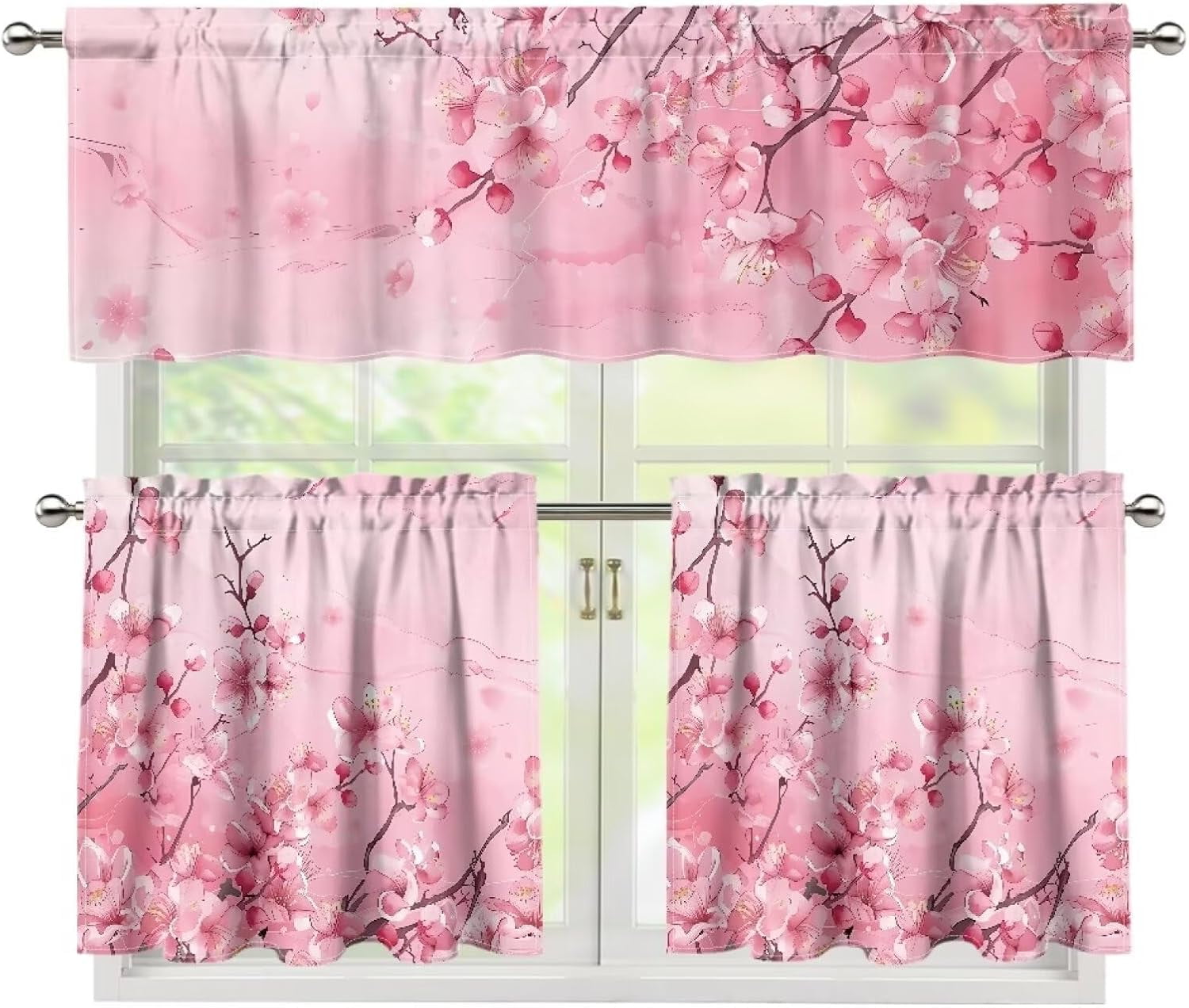 Pink Cherry Blossom Kitchen Curtains Swag Valance and Tier Curtains Set ...