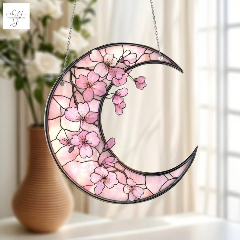 Pink Cherry Blossom Moon Acrylic Window Hanging, Elegant Floral ...
