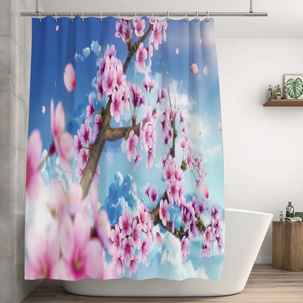 Pink Cherry Blossom Mount Fuji Shower Curtain Hanging Japanese Home Red ...