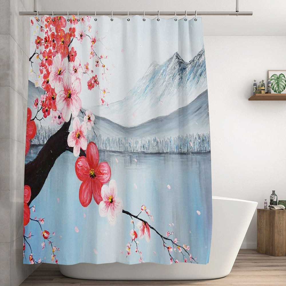 Pink Cherry Blossom Mount Fuji Shower Curtain Hanging Japanese Home Red ...