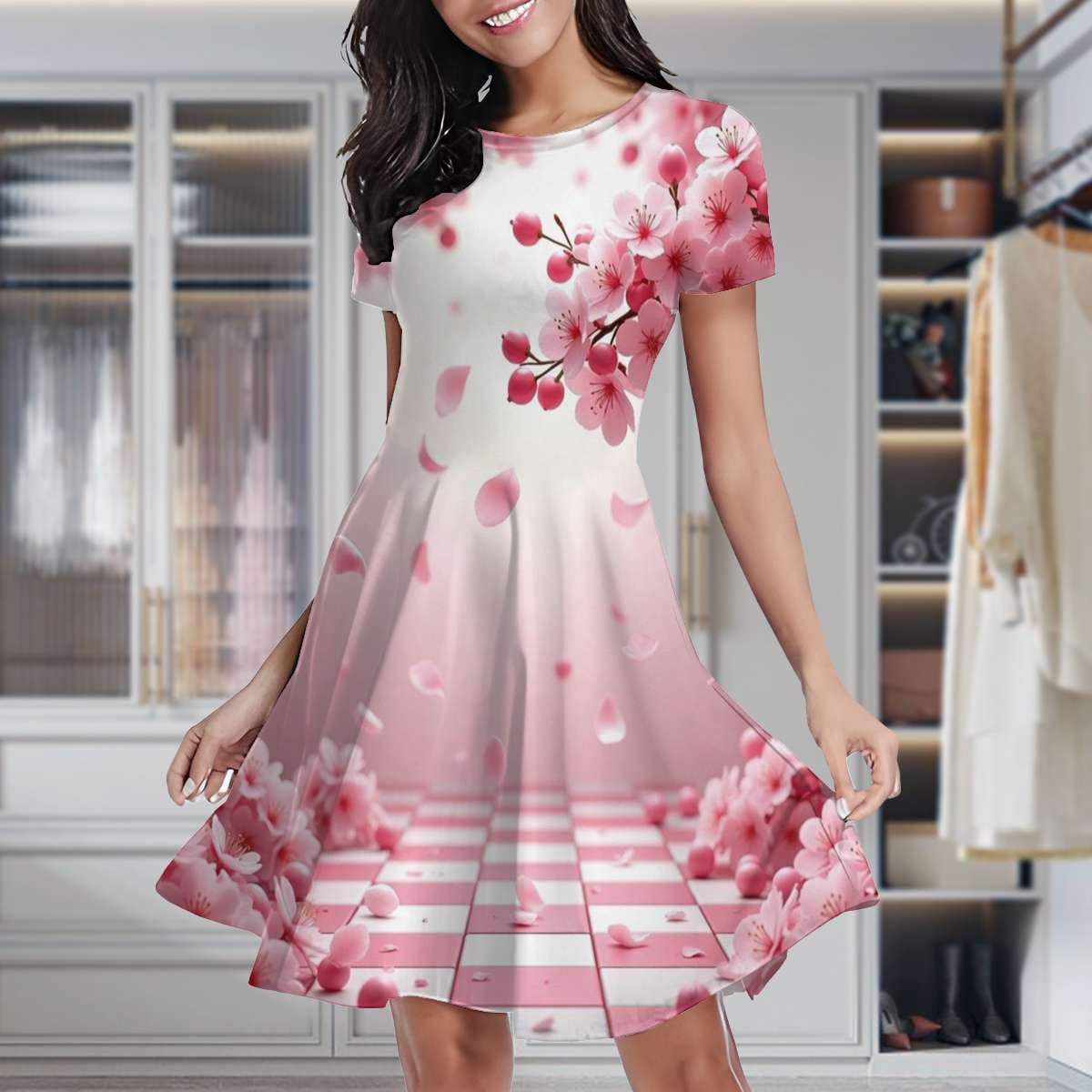 Pink Cherry Blossom Petals Falling Women's Classic Swing Skater Dress ...